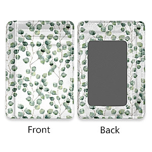 OTVEE Slim Minimalist Wallets Rfid Blocking Card Wallets PU Leather Front Pocket Wallets for Men and Women (Fresh Green Plant Eucalyptus Leaves)