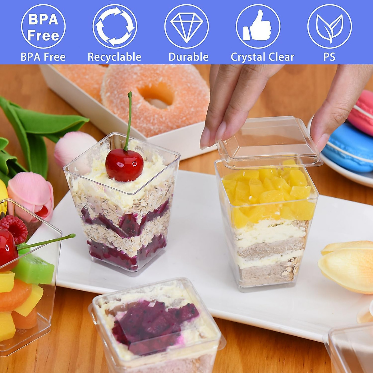 Monrocco 50 Pack 5 oz Plastic Dessert Cups with Lids and Spoons, Mini Parfait Cups with Lids Appetizer Cups for Party, Clear Mini Dessert Cups with Spoons Yogurt Dessert Shooter Cups for Pudding