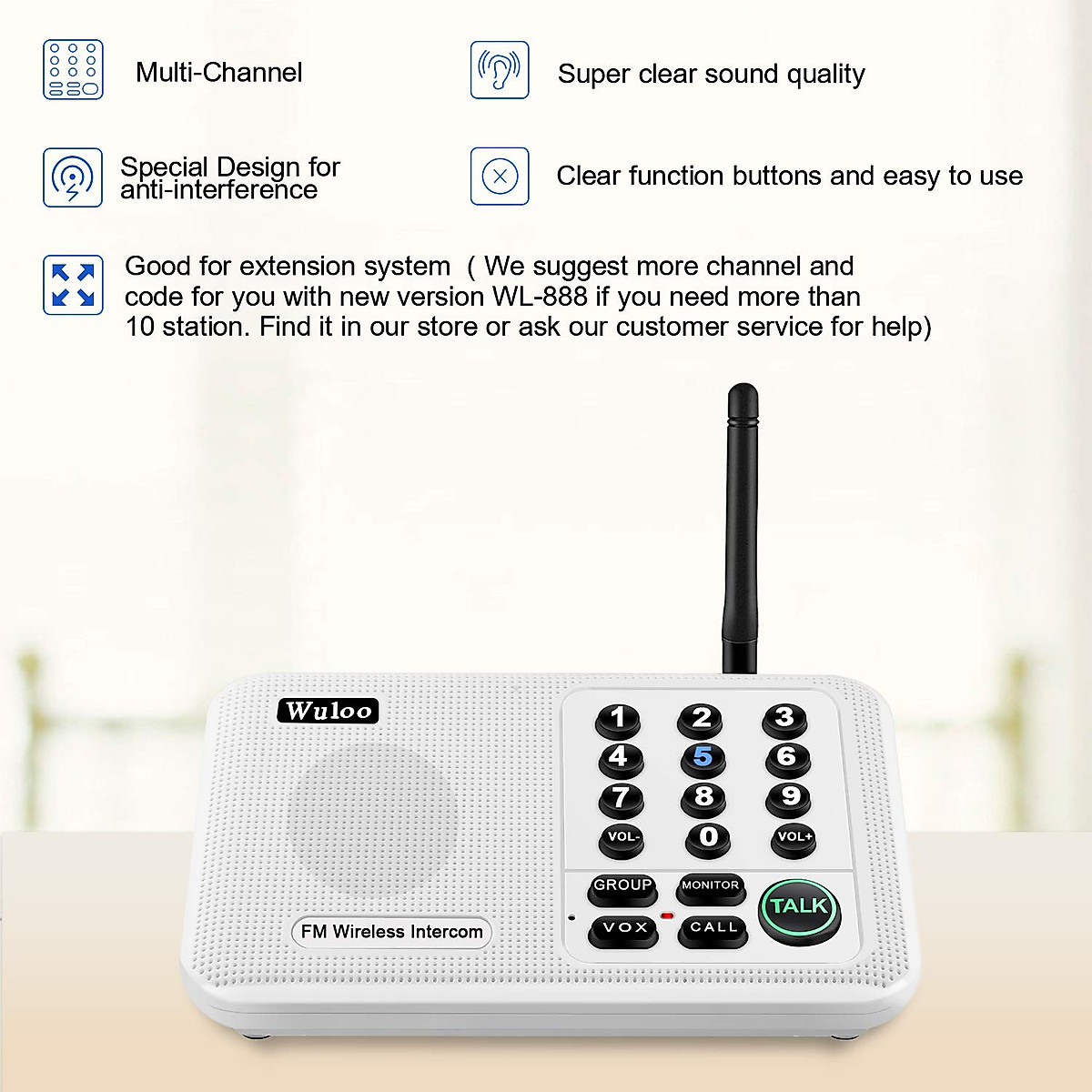 Wuloo Intercoms Wireless for Home 5280 Feet Range 10 Channel 3 Code, Wireless Intercom System for Home House Business Office, Room to Room Intercom, Home Communication System (2 Units Set, White)