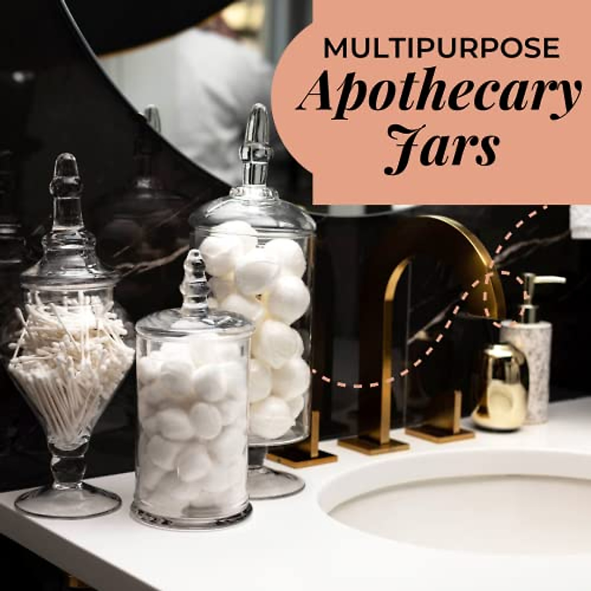 Mantello Glass Apothecary Jars with Lids- Set of 3 Jars for Candy Buffet - Apothecary Jars for Bathroom, Candy Bar, Kitchen, Large