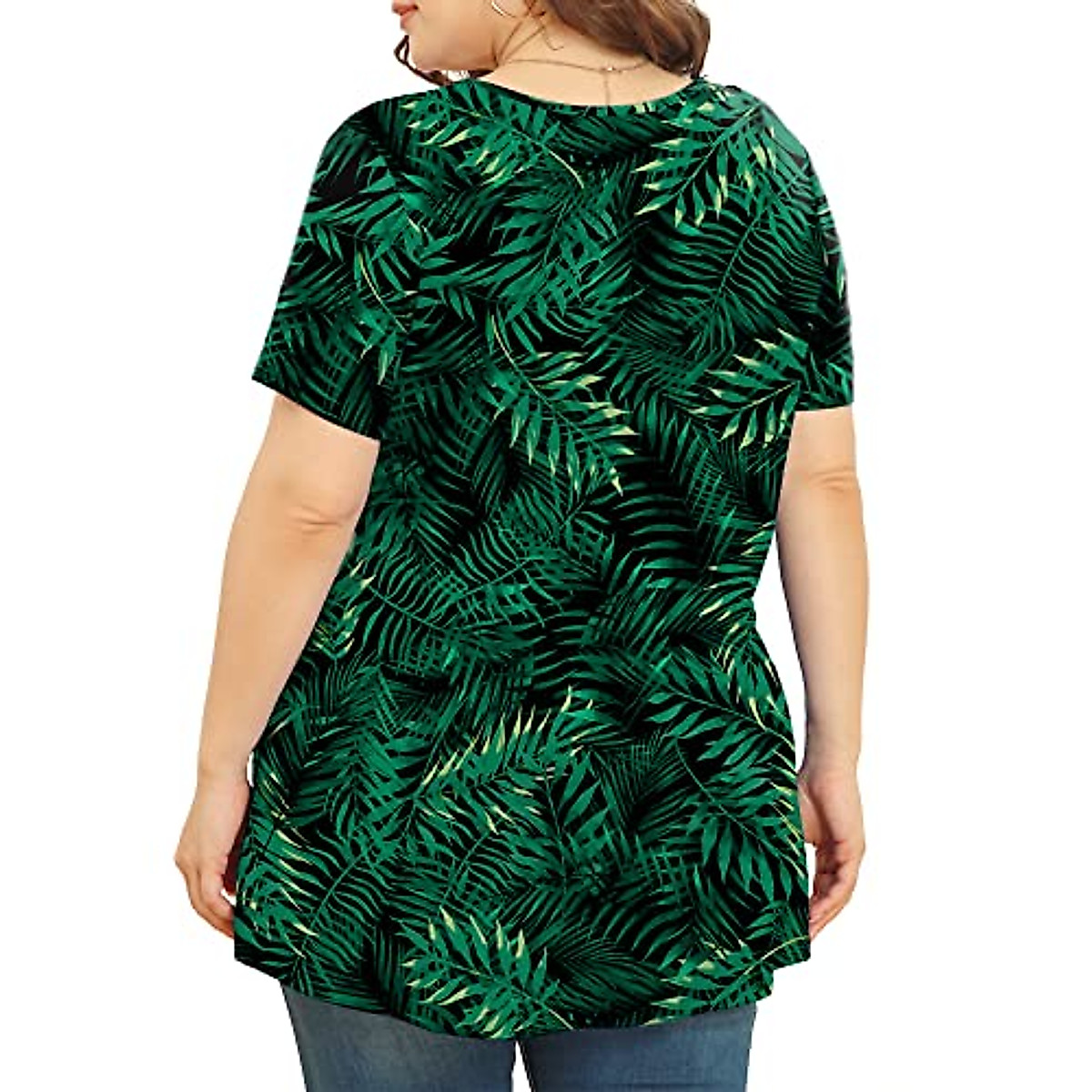 JUEYUN Plus Size Women's 2023 Casual Summer Short Sleeve Tops Loose Flowy Tunic Cute Pleated Flower Print Tee Shirts,Leaf Green,2X-Large