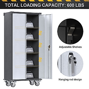 71'' Tall Metal Storage Cabinet with Wheels, Rolling Garage Cabinet with Lockable Doors and Adjustable Shelves, Metal Utility Cabinet for Garage and Home, Easy-Assembly