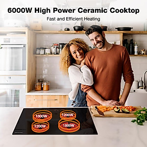 ThermoMate 30 Inch Electric Cooktop 4 Burners, ETL Certified Built-in Radiant Electric Stove Top, 30" Ceramic Cooktop 6000W with Touch Control, 9 Heating Level, Chlid Lock & Timer, 220-240V Hard Wire