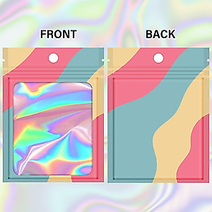VEEMOS 100 Pieces Resealable Bags with Clear Window, Holographic Multicolored Packaging Bags Transparent Small Business Party Mylar Ziplock Bags 3.5 Inch Sample Bags