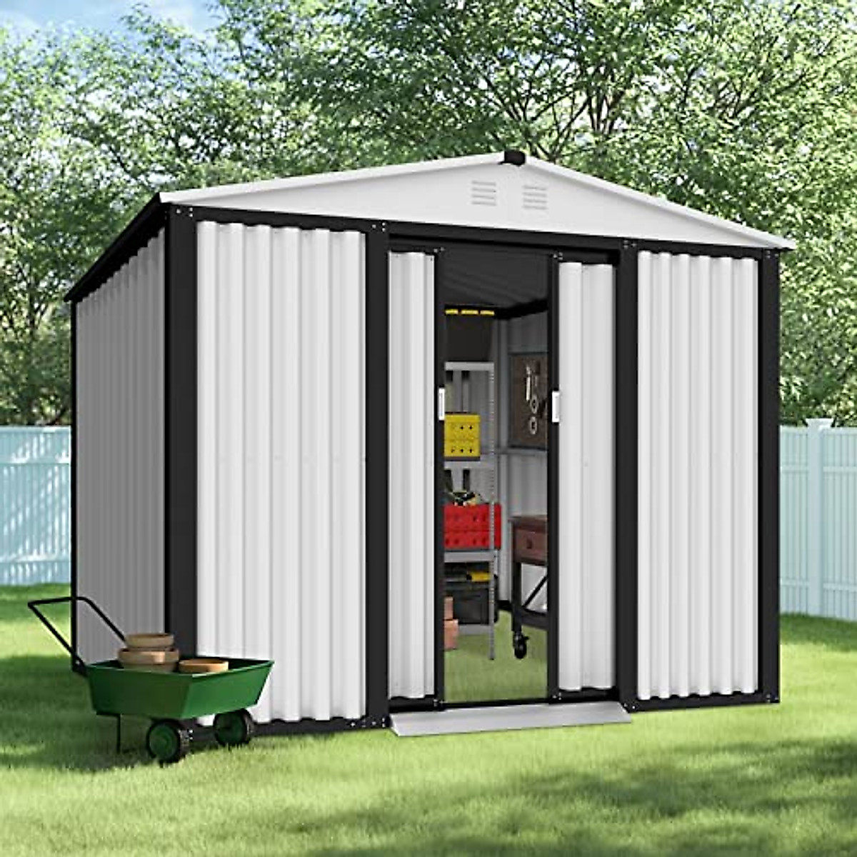 Betterland Outdoor Storage Shed 6×8 FT Garden Metal Tool House, Walk-in Steel Double Sloping Roof Shed with Sliding Door for Garden, Lawn, Backyard (White)