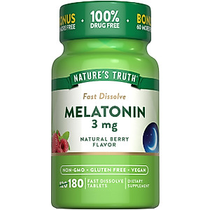 Nature's Truth Melatonin 3mg Fast Dissolve Tablets | 180 Count | Natural Berry Flavor | Vegan, Non-GMO, & Gluten Free Supplement