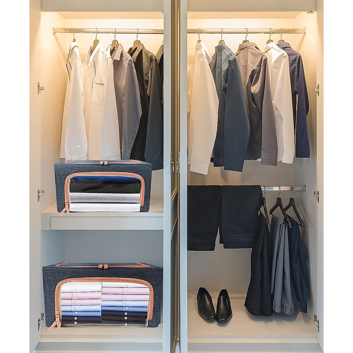 Pranski 2-PACK Clothes Storage Bins Box, Linen Fabric Foldable Cloth Container with Clear Window & Carry Handles Metal Steel Frame - Large Capacity for Closet, Blankets, Toys, Books (Blue, 22L)