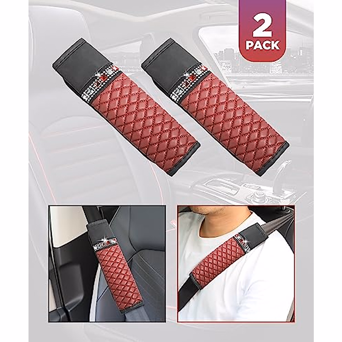 AOCISKA 2Pcs Car Seat Belt Cover Pads,Auto Seat Belt Cover,Seatbelt Shoulder Seatbelt Pads Cover for a More Comfortable Driving,Sparkling Rhinestone Shoulder Strap (Wine Red)