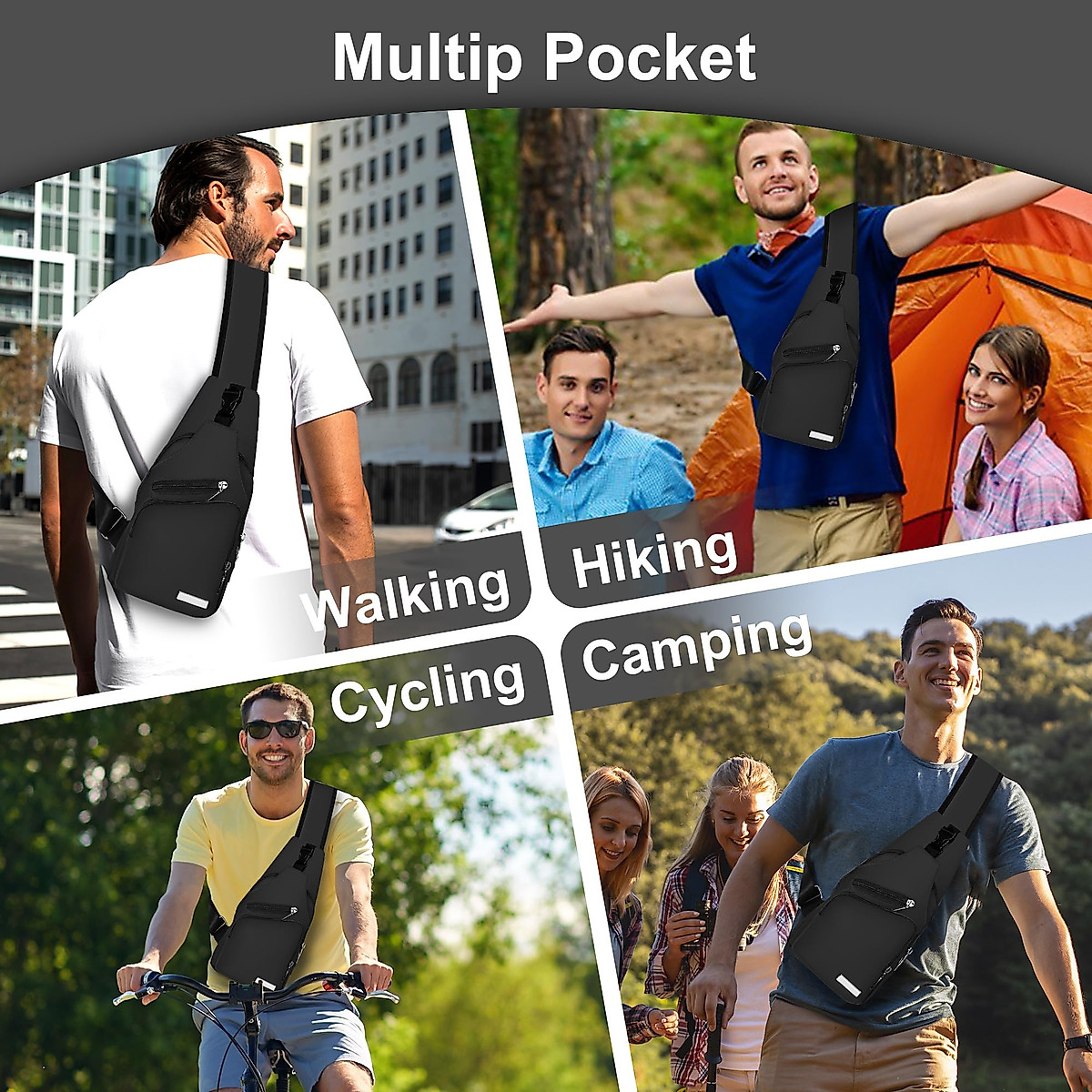 redaica Sling Bag Crossbody Backpack for Women Men Chest Bag Hiking Bag with USB Charging Port for Walking Camping Biking Travel Sports Running Cycling, Black