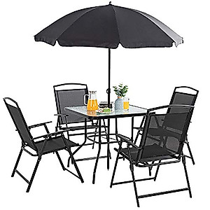 Vongrasig 6 Pieces Folding Patio Dining Set, All Weather Small Metal Outdoor Table and Chair Set, Garden Patio Furniture Set w/Umbrella, Glass Table & 4 Folding Chairs for Lawn, Deck, Backyard, Black