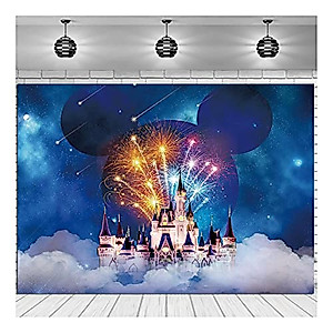 Dream Castle Photography Background 7x5ft Mickey Fairy Tale Blue Night Firework Photo Backdrops for Kids Birthday Party Newborn Baby Shower Cake Table Banner