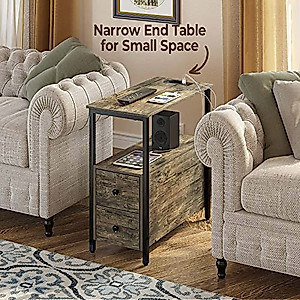 Rolanstar End Table with Charging Station, Narrow Side Table with 2 Wooden Drawers, USB Ports and Power Outlets, Nightstand Sofa Table for Small Spaces, Living Room, Bedroom, Gray