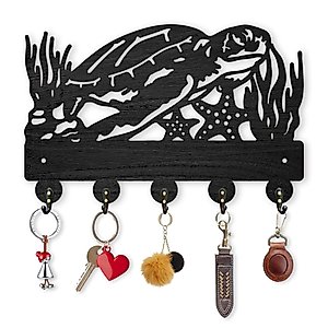 INFUNLY Ocean Theme Key Holder with 5 Key Hooks Black Wall Mounted Key Hangers Turtle Key Hangers Wood Key Rack for Home Decor Hallway, Entryway, Bedroom, Mudroom, Office 11.8inchx7.6inch