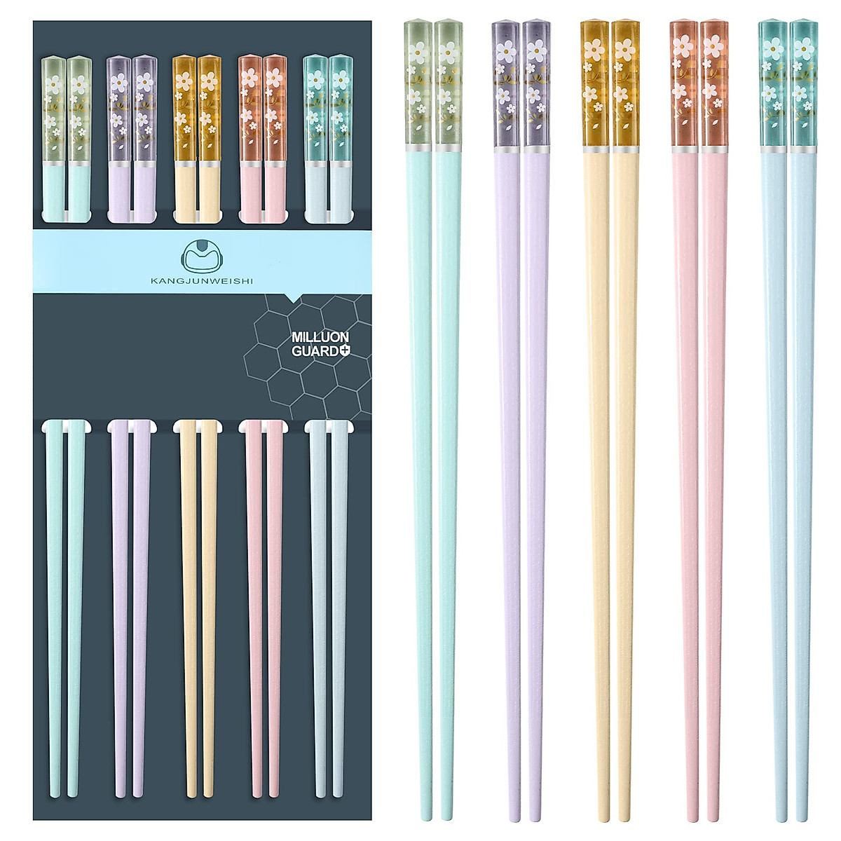 Chopsticks Reusable Dishwasher Safe, 9.63 inch/24.3cm Fiberglass Non-Slip Chop Sticks, Chinese/Japanese Chop Sticks for beginners, Sakura Chopsticks Colorful- 5 Pairs