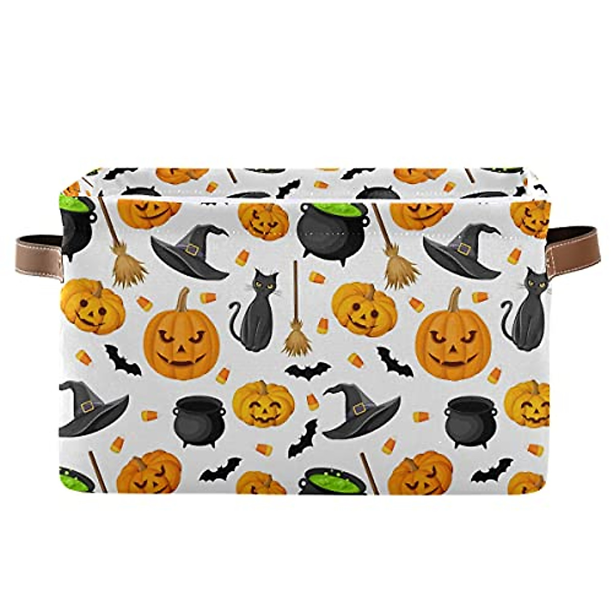 senya Halloween Basket, Large Foldable Storage Basket with Handles Halloween Pumpkin Black Cat Ghost Bat Pattern Fabric Collapsible Storage Bins Organizer Bag for Storage Toy Storage