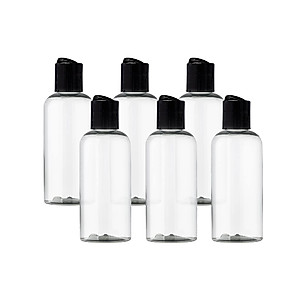 ljdeals 4 oz Clear Plastic Empty Bottles with Black Disc Top Caps, Refillable Cosmetic Containers for Shampoo, Lotions, Cream and more Pack of 6, BPA Free, Made in USA