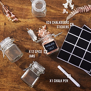 Oak & Steel 12 Pack 3.4oz Small Airtight Glass Spice Jars with Lids & Clip Top, 24 Labels & Chalk Pen - Square Bottles, Herb Jars, Mason Jars, Seasoning Containers