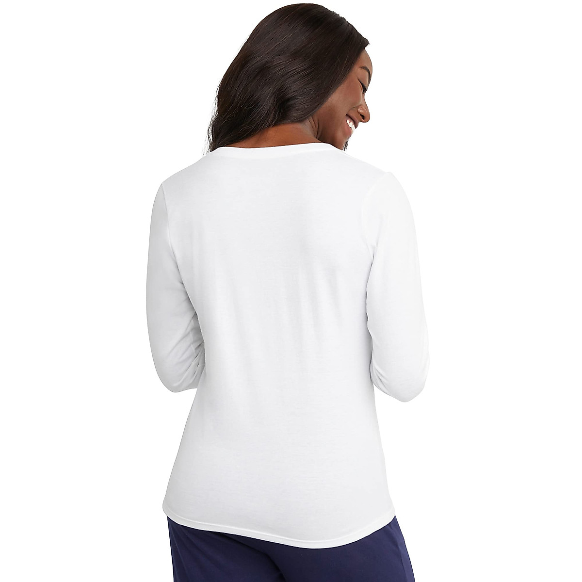 Hanes Comfortblend Women's Originals Long Sleeve Cotton T-Shirt, Lightweight V-Neck Tee, Modern Fit, White, Medium