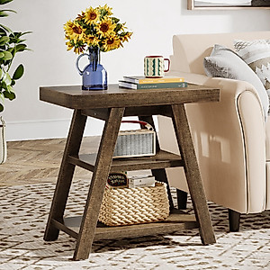 Tribesigns End Table for Living Room, 3-Tier Narrow Sofa Side Table with Storage Shelf, Farmhouse Small Wood End Table for Small Spaces, Industrial Heavy-Duty Bedside Table for Bedroom, Rustic Brown