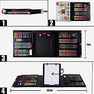 Art Supplies, KINSPORY 228 Pack Art Sets Crafts Drawing Coloring kit, Double-Side Trifold Art Easel, Oil Pastels, Crayons, Colored Pencils, Creative Gift for Beginners Artists Girls Boys Kids (Black)