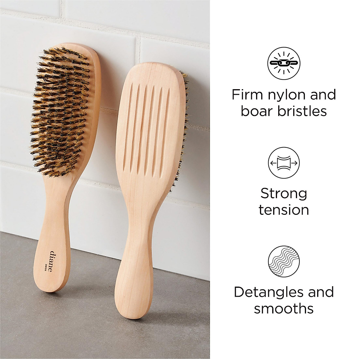 Diane Reinforced Boar Bristle Wave Brush for Men and Barbers – Hard Bristles for Thick to Coarse Hair – Use for Detangling, Smoothing, Wave Styles, Restore Shine and Texture