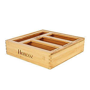 Hencoz Bamboo Ziplock Bag Organizer for drawer - Fits Gallon, Quart, Sandwich & Snack ziploc bags storage box with 4 compartments Suitable any brand Great kitchen organization (Hen001)