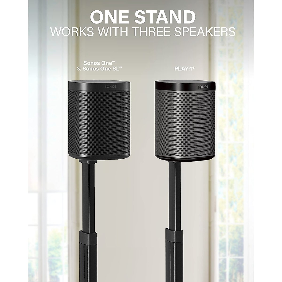 SANUS Adjustable Height Wireless Speaker Stands Designed for Sonos One, One SL, and Play:1 - Tool-Free Adjustment up to 16" and Built-in Cable Management (Black)