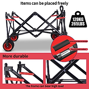 TMZ Collapsible Folding Wagon Cart, Outdoor Utility Garden Cart, Heavy Duty Camping Wagon with Big Wheels，Foldable Wagon for Sports, Shopping, Fishing and Beach(Black/Red)