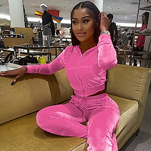 Womens Velour Hoodie Jogger Tracksuit Two Piece Outfits for Women, Long Sleeve Full-Zip Up Crop Tops Jacket Flared Pants Matching Set Sportswear Jogging Sweatsuit Pockets Patchwork Glitter Stripe