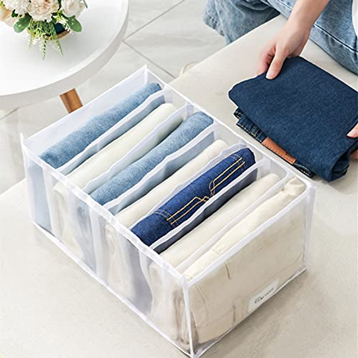 FLOODKING Wardrobe Clothes Organizer, 2Pcs Foldable Washable Drawer Storage Boxes With 7 Compartments, High Capacity Grids Closet Dividers for Underwear, Socks, T-shirts, jeans (large, White)