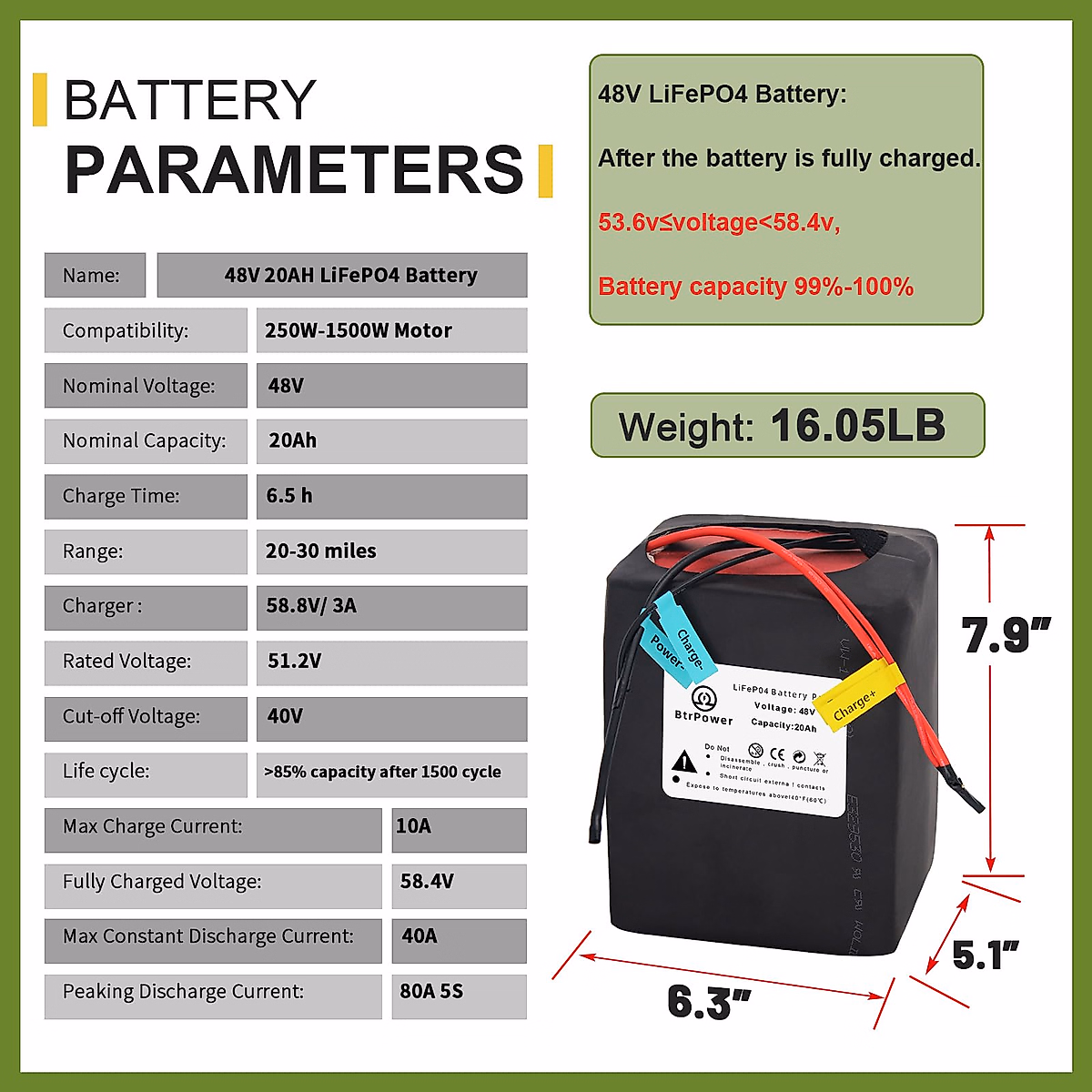 BtrPower 48V LiFePO4 Ebike Battery 20AH Lithium Battery Pack for 1500W-350W Motor, Built-in 40A BMS and 3A Fast Charger