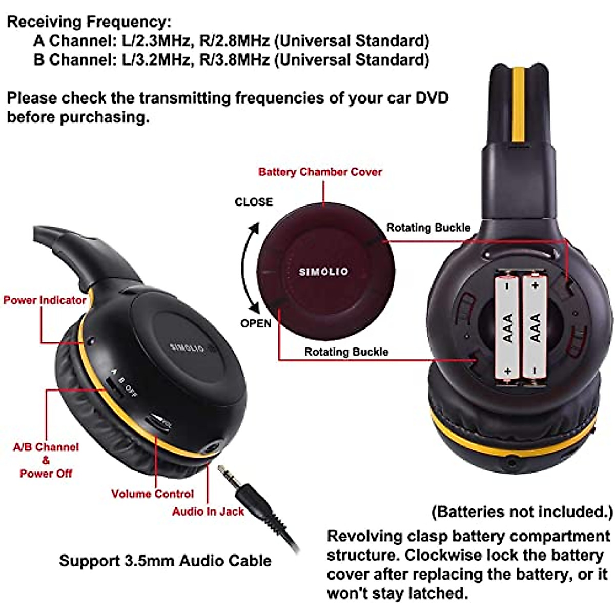SIMOLIO 3 Pack Wireless IR Headphones for Honda & Odyssey, CR-V, Accord, Pilot, Ridgeline, RDX, MDX, with Carrying Cases/AUX Cord, Share Port, 2 Channel Folding IR Car DVD Replacement Headsets