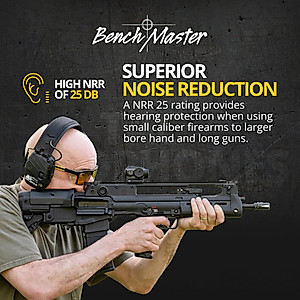 BenchMaster Rifleman TAC Ear Muffs, Shooting Electronic Ear Protection, 25 dB, Noise Reducing, Noise Canceling Headphone, 2 Millisecond Reaction Time, Audio Input, Safety Ear Muffs