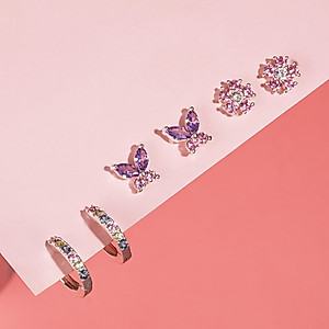 Kenivira Silver Stud Earrings Set for Women,3 Pairs Hoop Stud Cartilage Hypoallergenic Dainty Earrings,Small Cartilage Trendy CZ Earring Jewellery