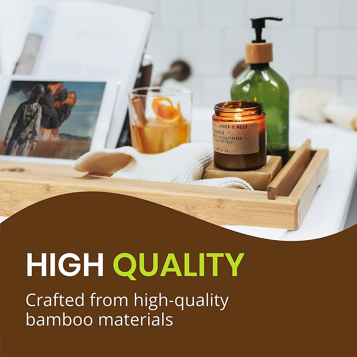 Nature Gear Bamboo Bathtub Tray, Waterproof & Durable Wooden Bath Tray Table for Tub, Extendable Reading Caddy with Phone & Tablet Holder, Easy-to-Adjust Bamboo Trays for Bathroom, Foldable Bamboo