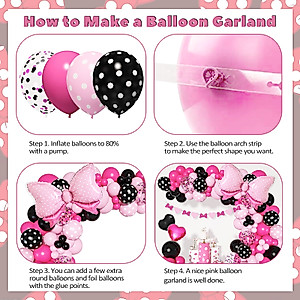 Ouddy Party Pink Mouse Balloon Garland Arch Kit for Cartoon Mouse Theme Birthday Party Decorations Girl Kids, Pink Black Rose Red Bow Foil Balloons Banners for Mouse Baby Shower Party Supplies
