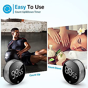 Digital Kitchen Timer Magnetic Countdown with Large LED Display, Silent Classroom Timer for Kids Teachers, 3-Level Volume Round Count Up Timer for Cooking Baking, Easy Operation for Seniors Silver