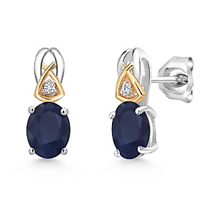 Gem Stone King 925 Sterling Silver and 10K Yellow Gold 7X5MM Oval Gemstone Birthstone and Lab Grown Diamond Earrings For Women