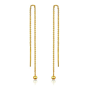 Solid 18k Gold Ball threader Earrings Dangle for Women Real Gold, Dainty Gold thin Earrings Tiny for Girls Lover, Pure Gold With Certificate Fine Bride Jewelry for Wedding Prom Party Birthday