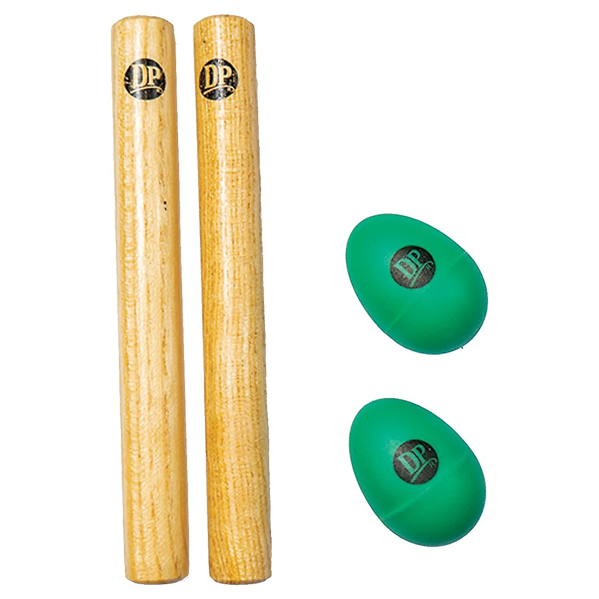 DP Music Hand Percussion Musical Instrument Set - Include: 1 Pair 8 Inch Rhythm Sticks Wood Claves and 1 Pair Egg Shakers (Green)