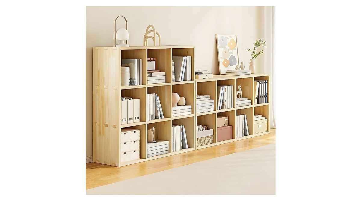 LITFAD Solid Wood Cube Bookcase with Storage Shelves and Closed Back Modern Floor Bookshelf in ...