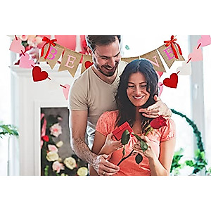 Valentines Day Burlap Banner, Valentines Decor for Home, Be Mine Hanging Banner & 28 Pcs Felt Heart Garland Banner Decor for Mantle Fireplace Wall, Decorations Pre-Assembled - No DIY Required