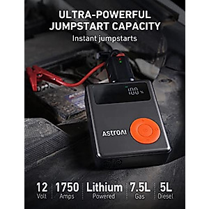 AstroAI Jump Starter with Air Compressor,1750A 12V Battery Jump Starter with 150PSI Digital Tire Inflator, Up to 7.5L Gas & 5.0L Diesel Engines, Visible LCD Screen with Jumper Cable, AC Charger