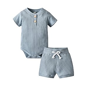 Derouetkia Summer Newborn Baby Boy Girl Clothes Solid Color Ribbed Romper and Shorts Outfits Set (0-3 Months) Blue
