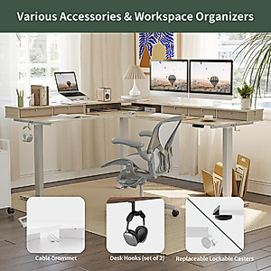 FEZIBO Triple Motor 75" L Shaped Standing Desk with 5 Drawers, Reversible Electric Standing Gaming Desk Adjustable Height, Corner Stand up Desk with Splice Board, White Frame/Light Walnut Top