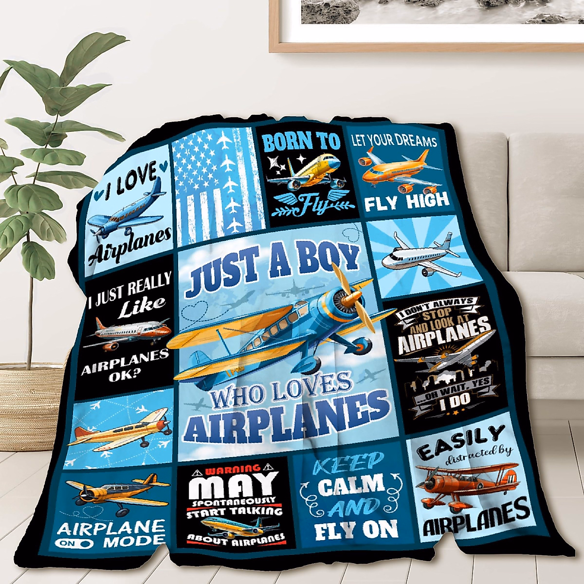 MYSTCOVER Airplane Blanket for Kids Adults Just A Boy Who Loves Planes Blanket Warm Plush Fleece Planes Throw for Bed Sofa Office Decor Boy Birthday Gifts Ideas 50"x60"-M