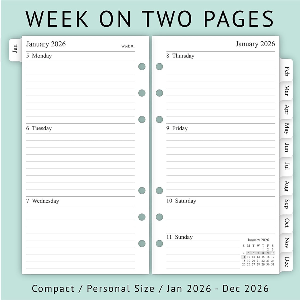 2023 Weekly & Monthly Planner Refill, 3-3/4" x 6-3/4", January 2023 - Dec 2023, Personal/Compact/Size 3