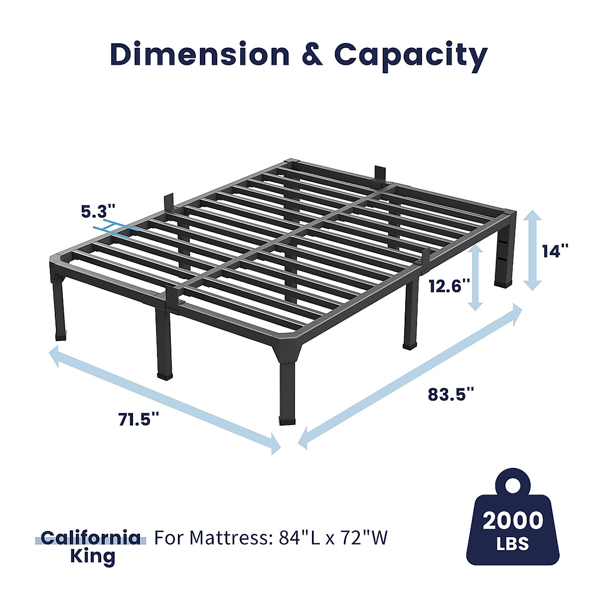 Superay California King Bed Frame with Mattress Slide Stopper, 14 Inch Metal Platform Bed Frame, Heavy Duty Tall Bed Frame No Box Spring Needed with Large Storage Space, Easy Assembly, Noise Free