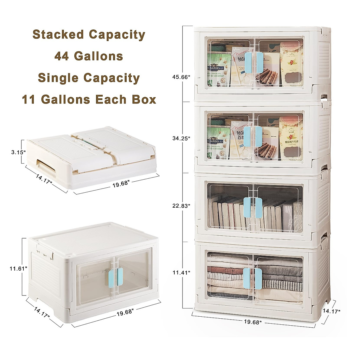 Collapsible Plastic Storage Bins with Lid, 4 Pack Foldable Storage Containers with Clear Double Doors and Wheels, 11 Gal Each Stackable Storage Box for Toys, Clothes, Books, Home, Closet Cabinet