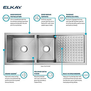 Elkay Crosstown EFU471810DBT 60/40 Double Bowl Undermount Stainless Steel Sink with Drainboard